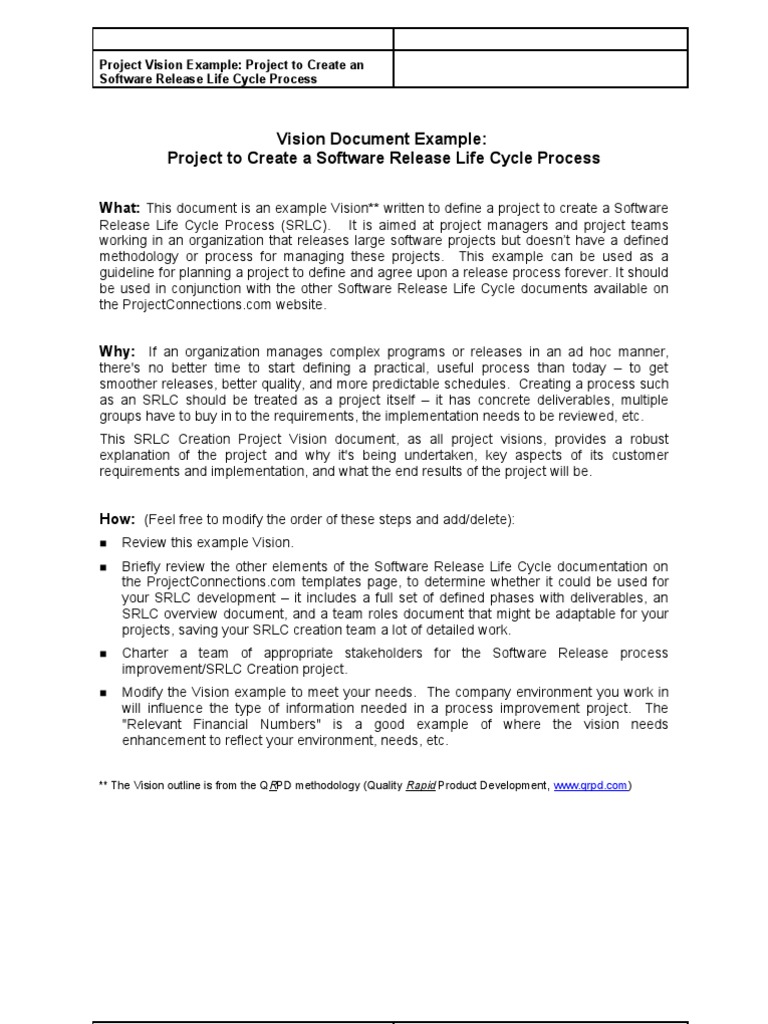 Vision Document Example: Project To Create A Software Release Life Cycle Process | PDF | Product ...