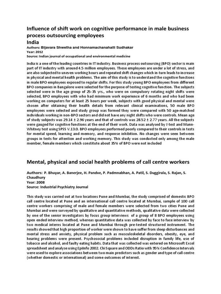 Influence of Shift Work On Cognitive Performance in Male Business ...