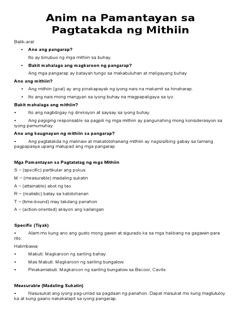 Anim Na Pamantayan Sa Pagtatakda NG Mithiin | PDF