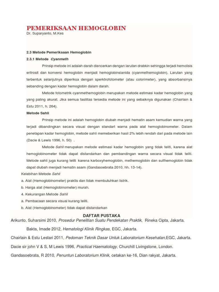 Metode Pemeriksaan Hemoglobin Sahli | PDF | Sains & Matematika