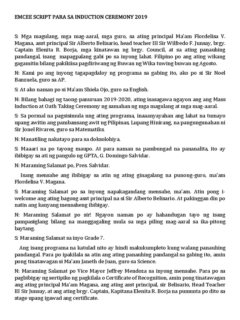 Emcee Script para Sa Induction Ceremony 2019 | PDF