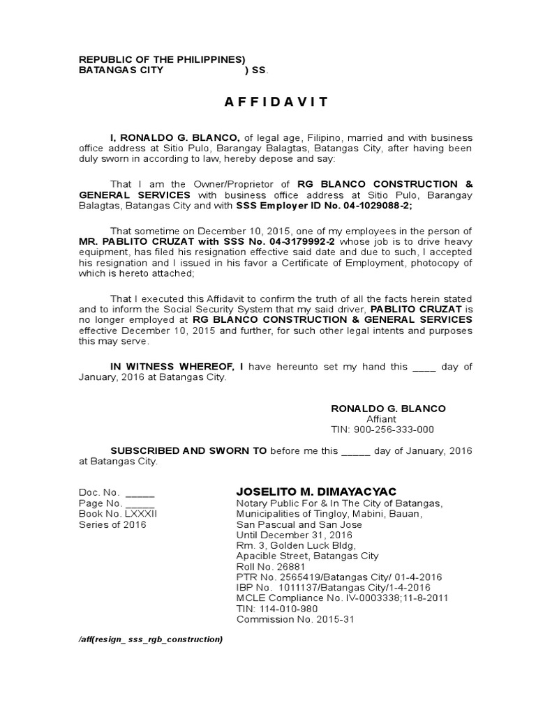 Affidavit of Employee Resignation | PDF | Affidavit | Document