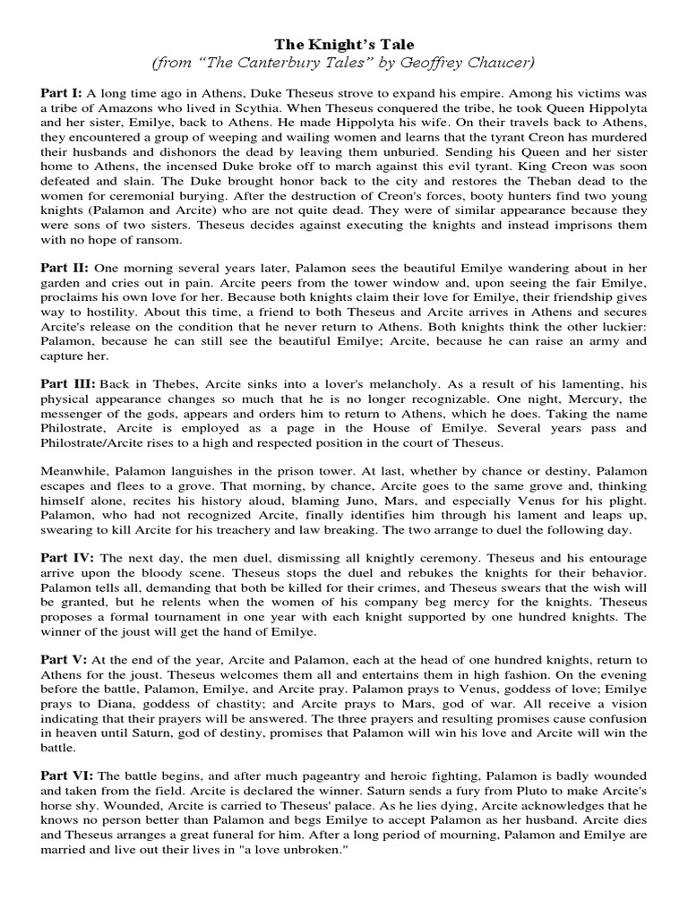 The Knight's Tale Summary | PDF