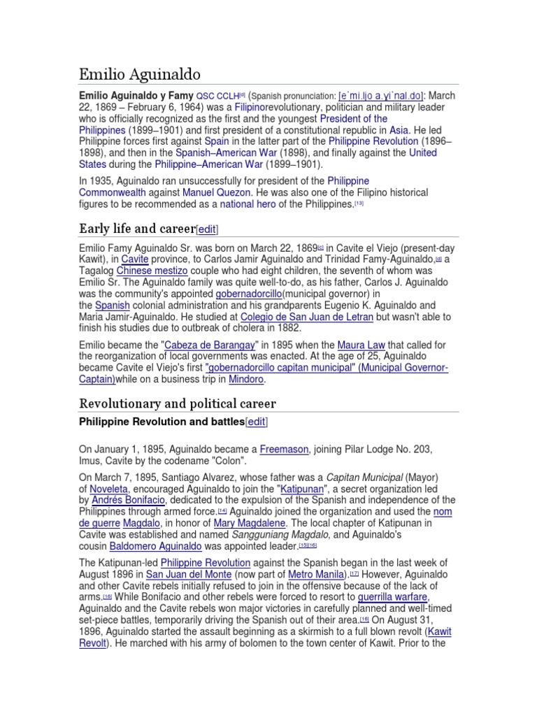 Emilio Aguinaldo: Early Life and Career | PDF | Philippines | Wars Of ...