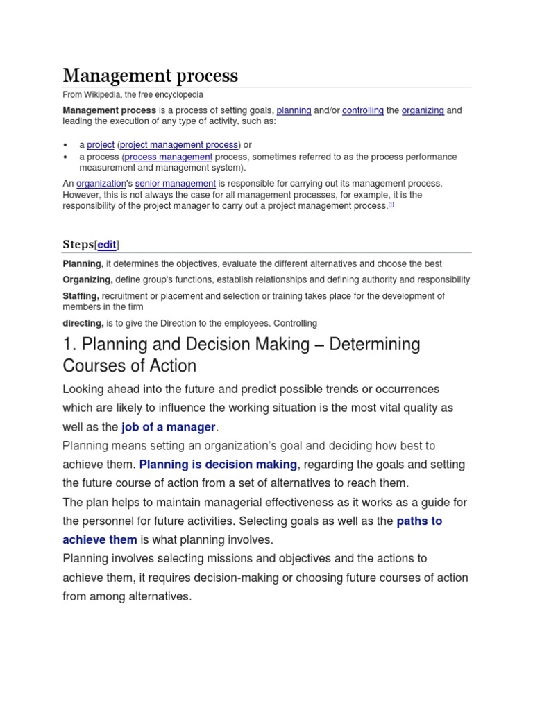 Management Process: 1. Planning and Decision Making - Determining ...