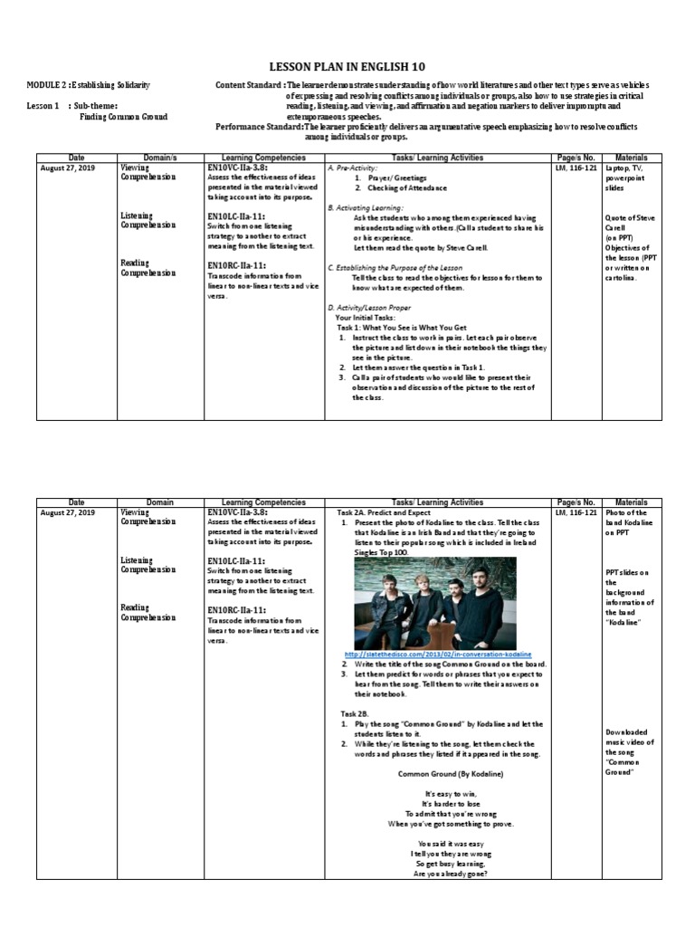 English 10 Module 2: Solidarity Lesson Plan | PDF | Reading ...