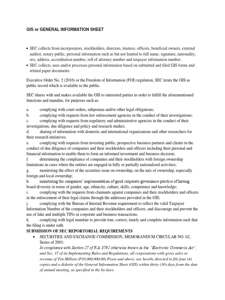 GIS or GENERAL INFORMATION SHEET | Download Free PDF | U.S. Securities ...