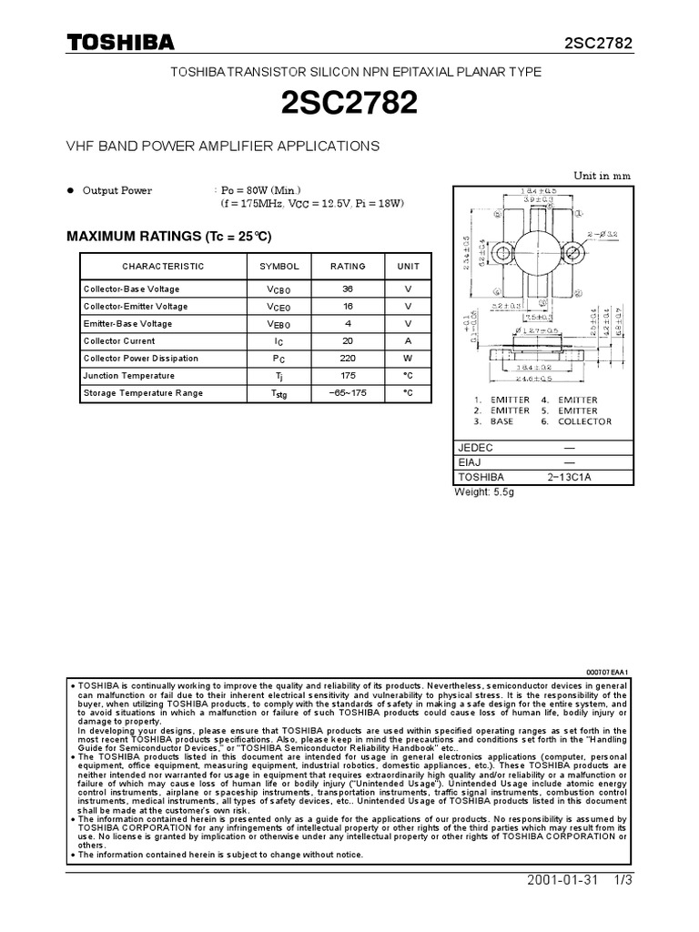VHF Band Power Amplifier Applications: Maximum Ratings | PDF | Transistor | Reliability Engineering