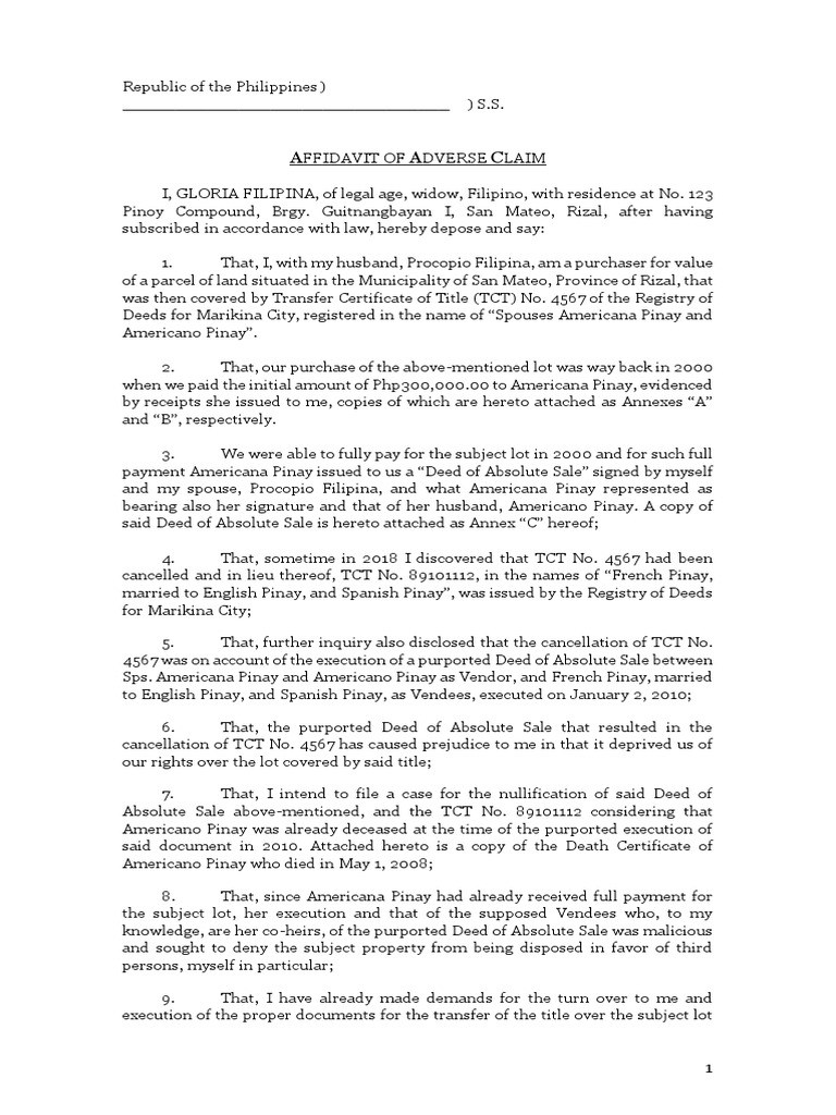 Affidavit Adverse Claim Format | PDF | Affidavit | Common Law