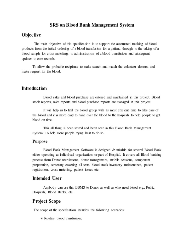Blood Bank Management System SRS | PDF | Blood Donation | Blood Transfusion