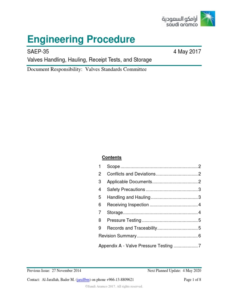 SAEP-35-N - Valves Handling, Hauling, Receipt Tests and Storage | PDF ...