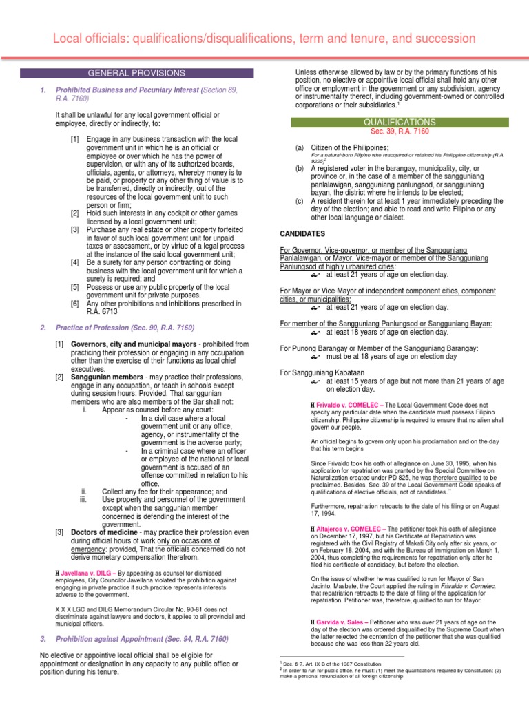 Local Officials: Qualifications/disqualifications, Term and Tenure, and ...