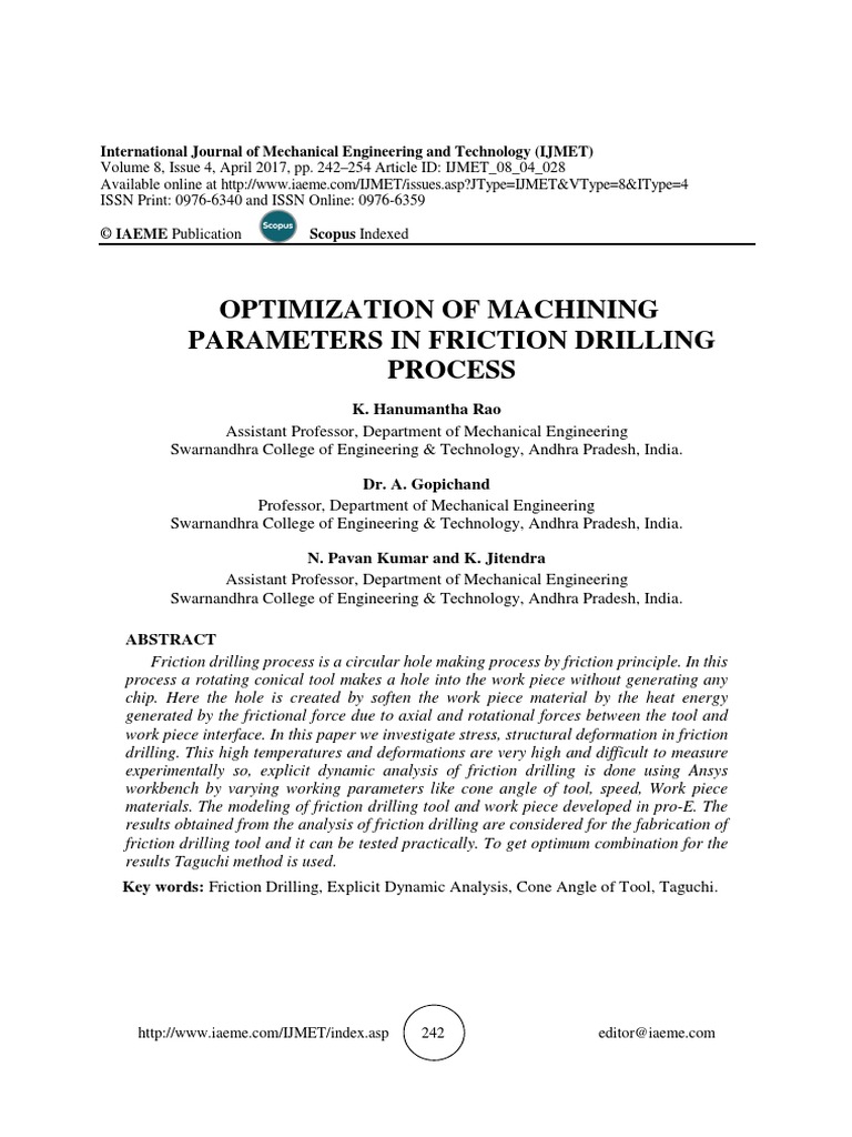 Optimization of Machining Parameters in Friction Drilling Process | PDF ...