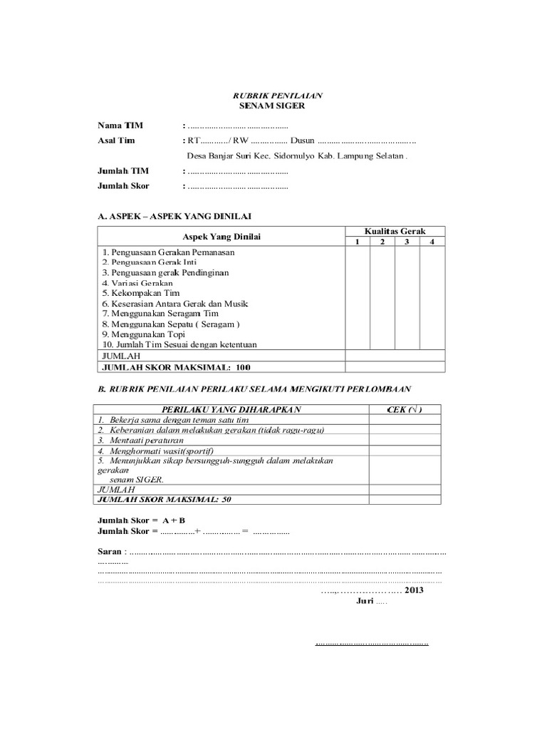 Form Penilaian Lomba Senam | PDF