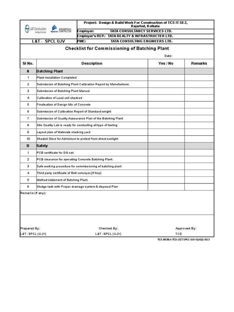 Batching Plant Commissioning Checklist | PDF