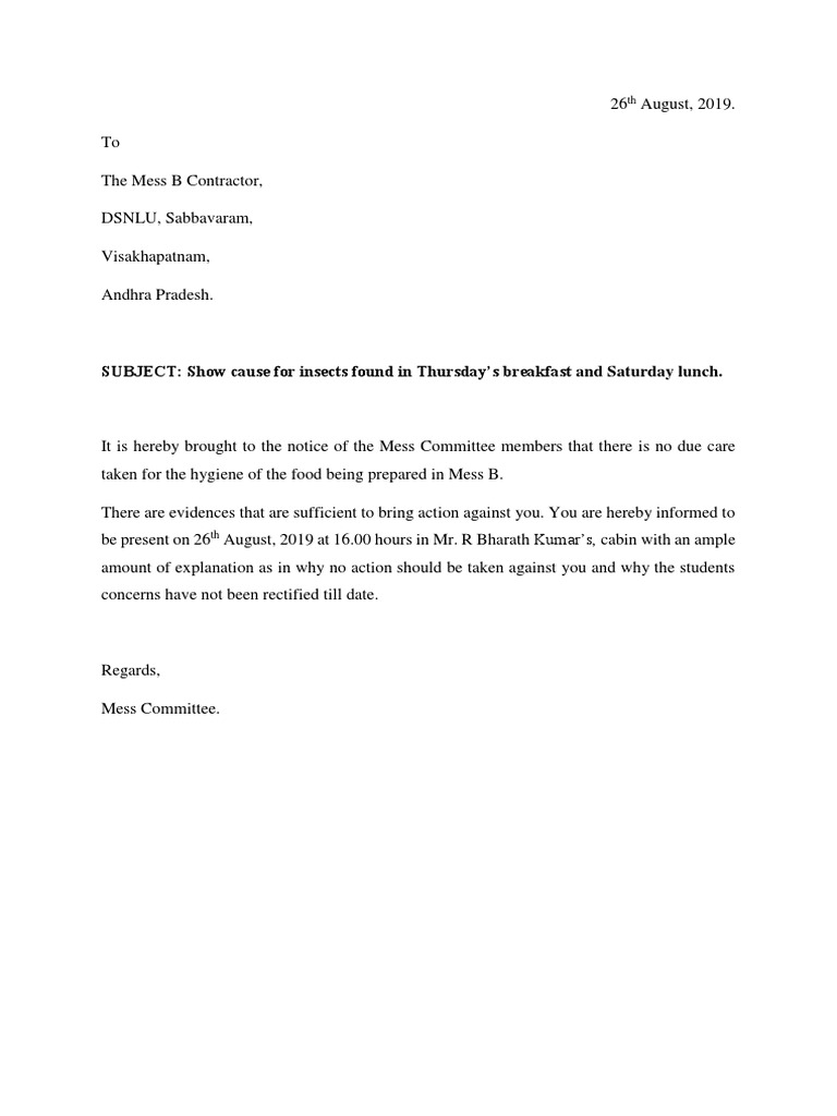 Show Cause Notice to Mess B Contractor | PDF | Wellness | Science ...