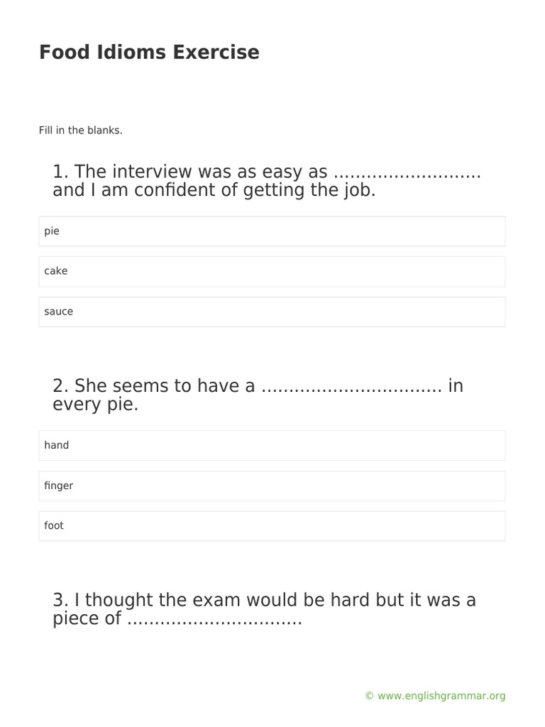 Food Idioms Exercise | PDF | Food And Drink | Food And Drink Preparation