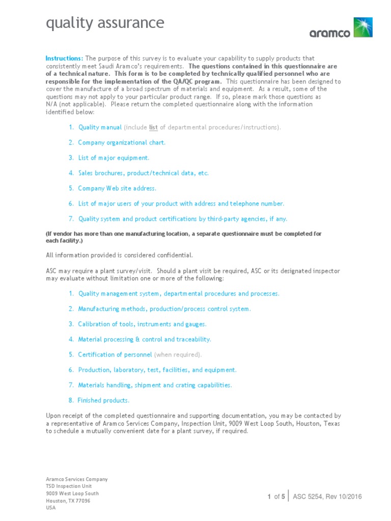 Quality Assurance Questionnaire for Vendors | PDF | Iso 9000 | Quality ...