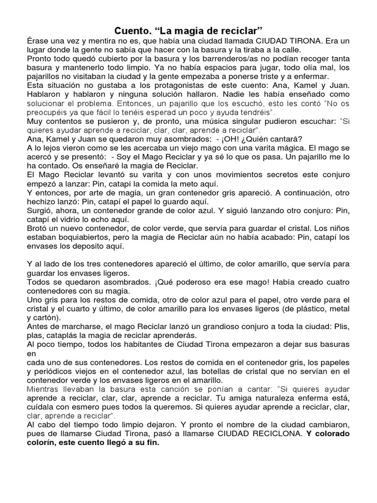 Cuento Del Reciclaje | PDF | Reciclaje | Residuos