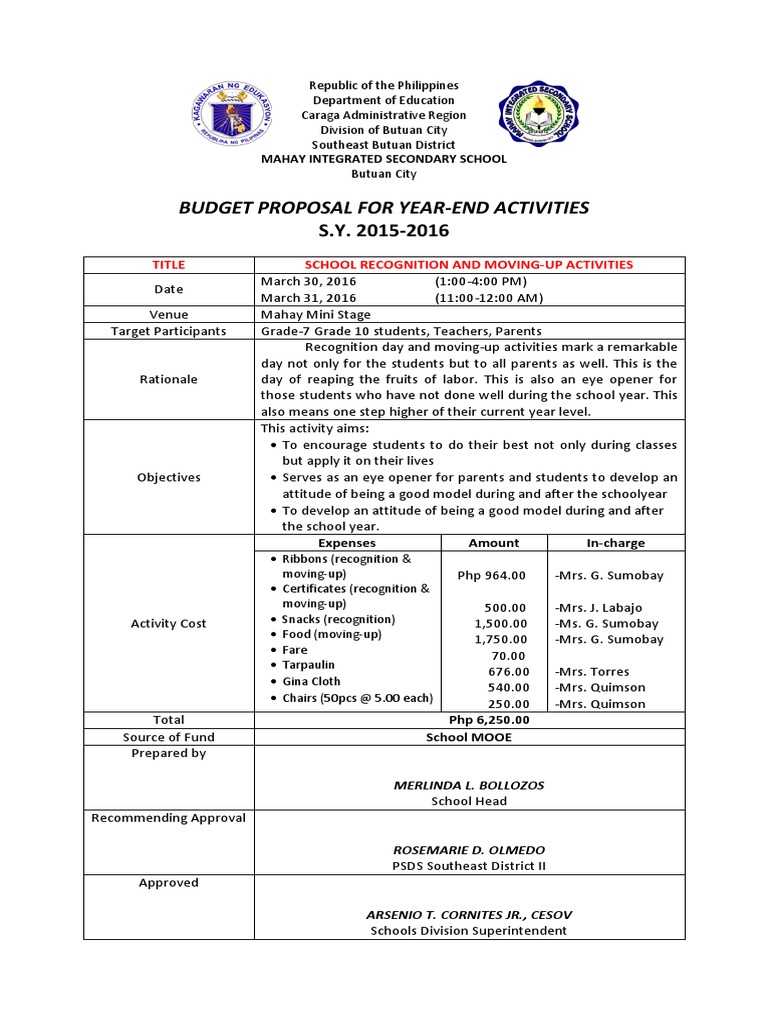 Budget Proposal For Year-End Activities | PDF | Behavior Modification | Learning