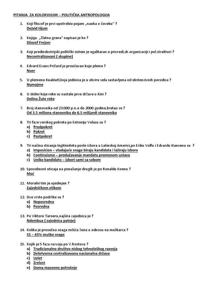 Pitanja-Odgovori ZA KOLOKVIJUM Politicka Antropologija | PDF