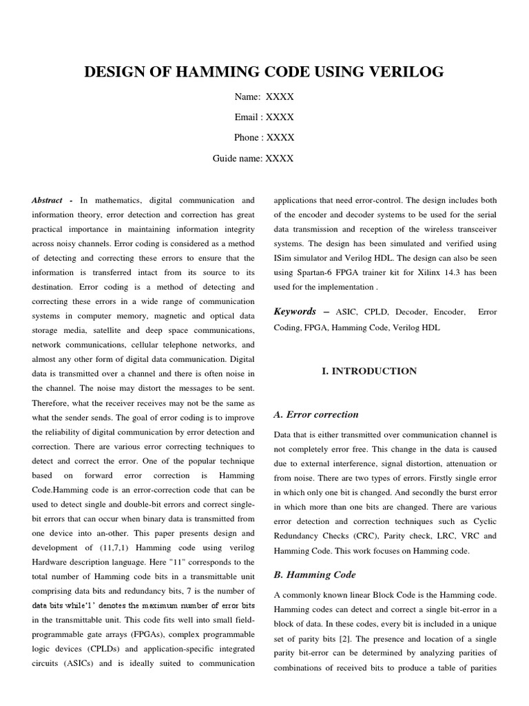 Design Of Hamming Code Using Verilog Pdf Error Detection And Correction Data Transmission