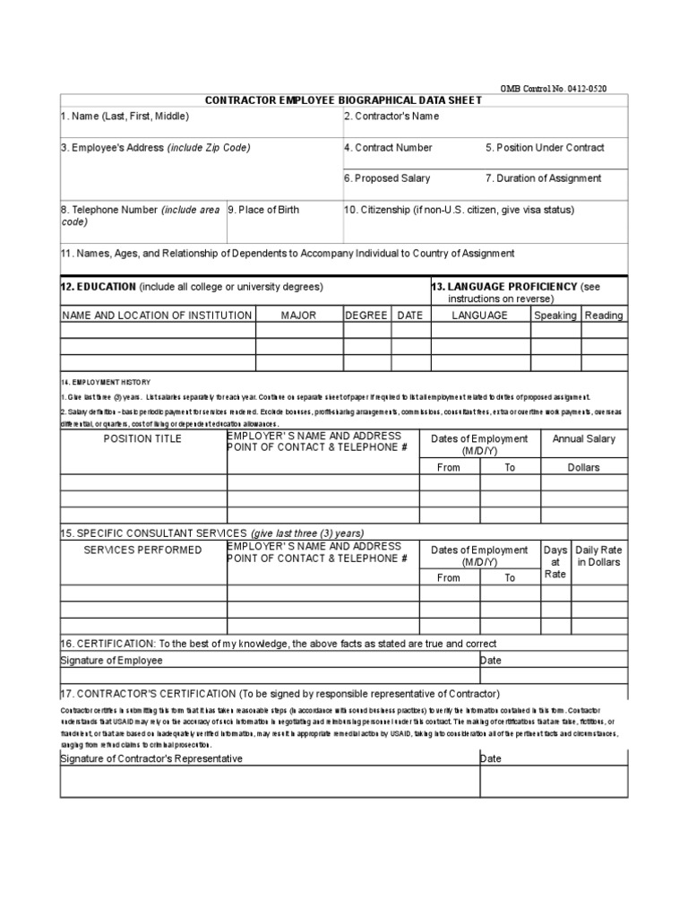 Contractor Employee Biographical Data Sheet: Code) | PDF | United ...