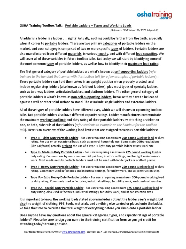 OSHA Training Toolbox Talk: Portable Ladders - Types and Working Loads ...