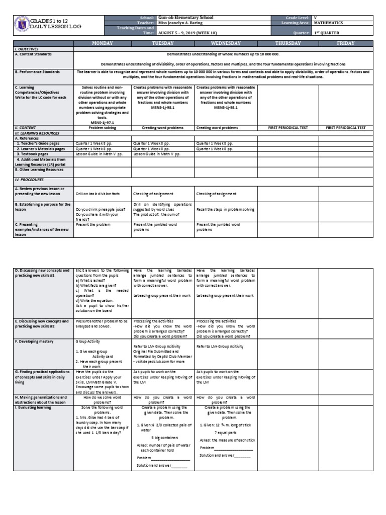 Monday Tuesday Wednesday Thursday Friday: GRADES 1 To 12 Daily Lesson ...