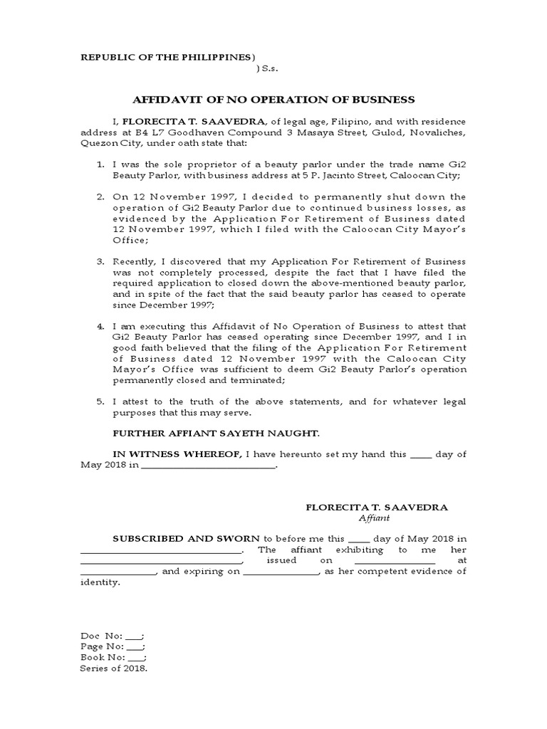 Affidavit of No Operation of Business | PDF