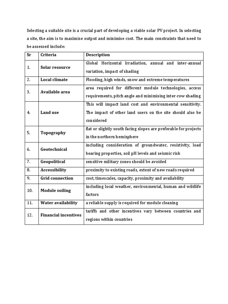 Solar PV Site Selection Criteria | PDF