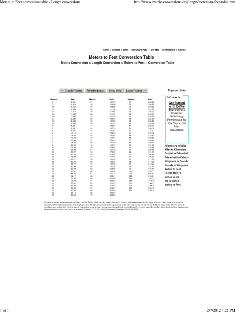 17 Meters To Feet Conversion Table | PDF | Foot (Unit) | Metre