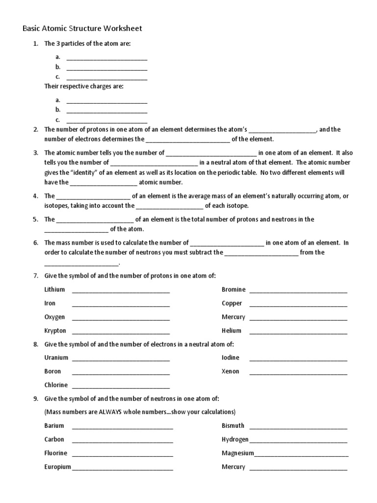 Basic Atomic Structure Worksheet | PDF | Chemical Elements | Atoms
