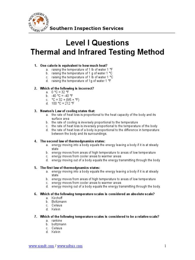 Level I Questions Thermal and Infrared Testing Method: Southern ...