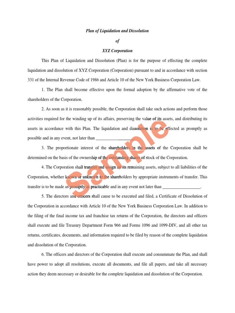 Sample Sa S: Plan of Liquidation and Dissolution of XYZ Corporation ...