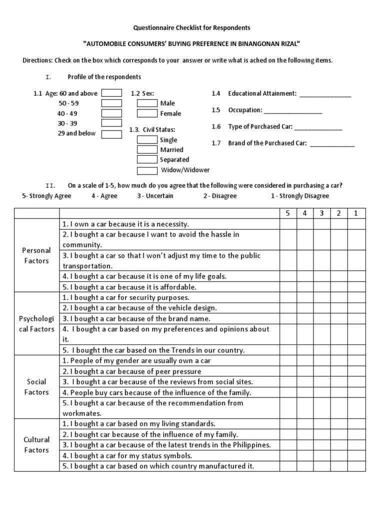 Questionnaire Checklist For Respondents "Automobile Consumers' Buying ...