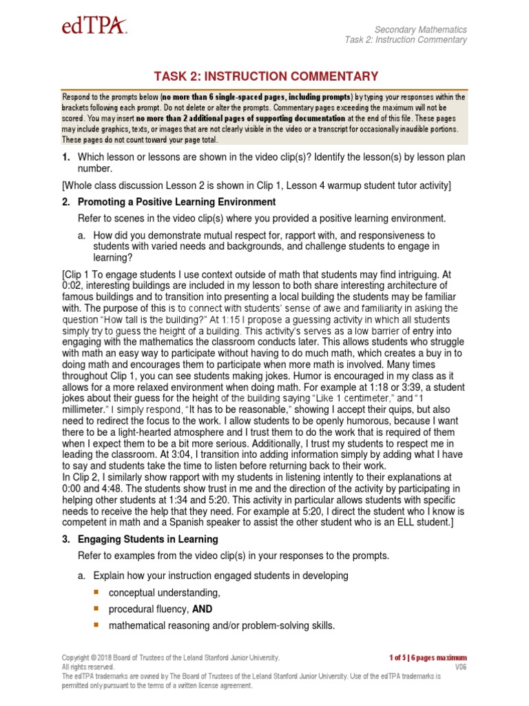 Task 2B Instruction Commentary | PDF | Learning | Teaching Mathematics