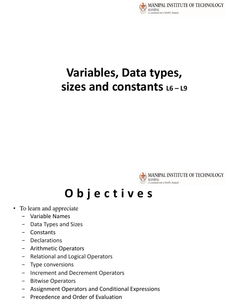 L6 L9 Variables Data Types Sizes And Constants Pdf Integer Computer Science Data Type