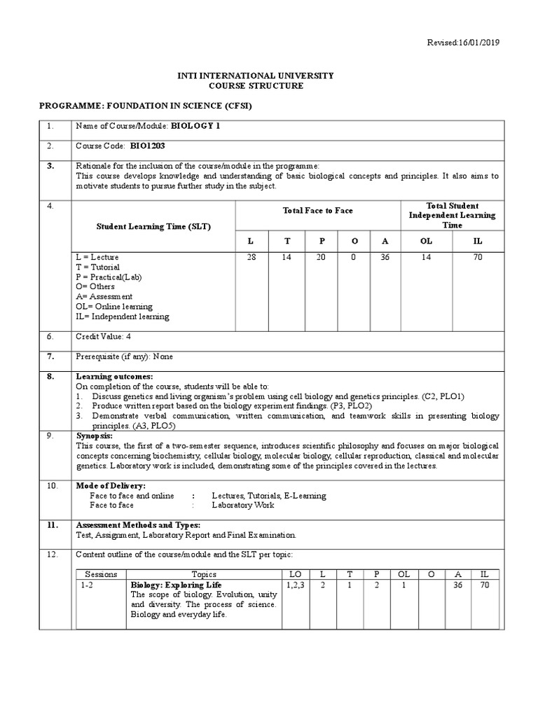 BIO 1203 Course Syllabus | PDF | Cell (Biology) | Photosynthesis