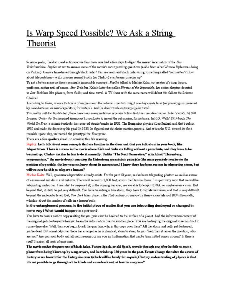 Is Warp Speed Possible | PDF | Teleportation | Black Hole