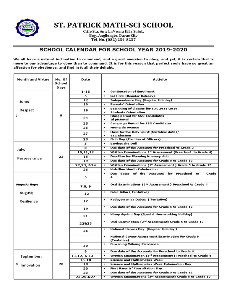 Calendar of Activities For 2019-2020 | PDF | Educational Stages | Schools