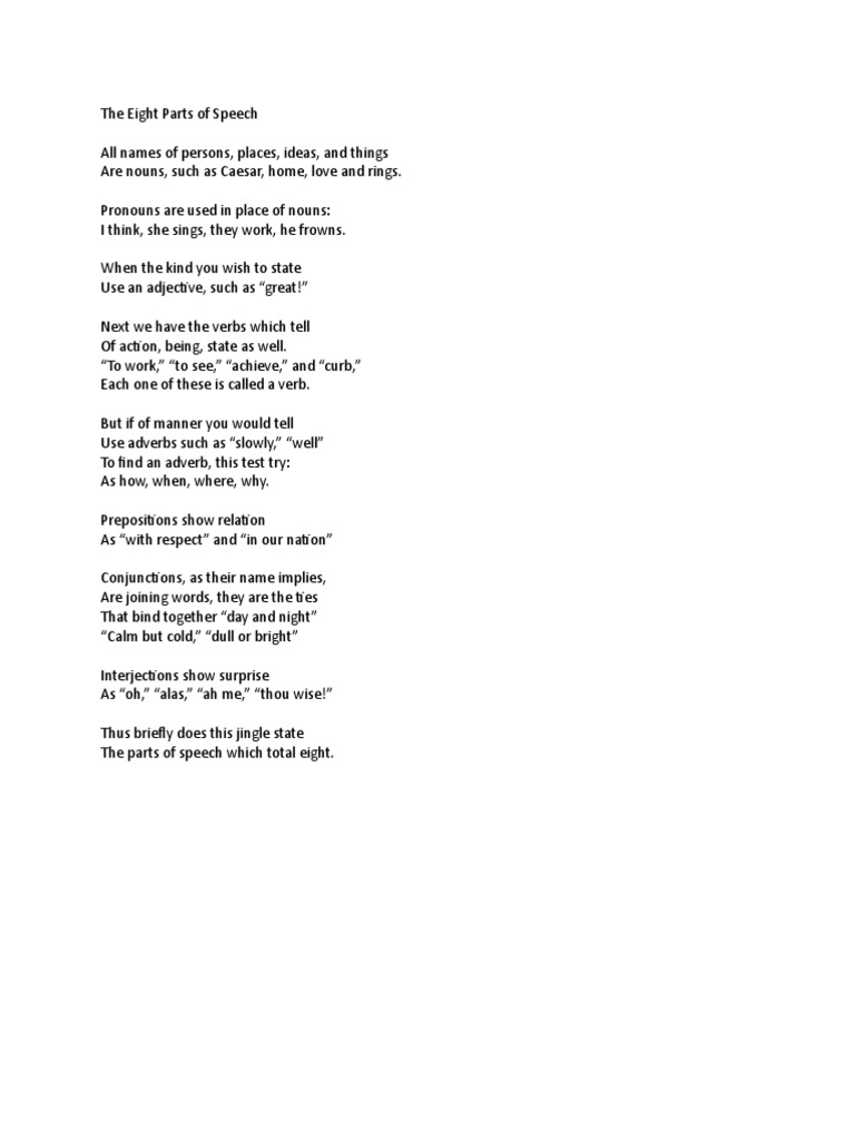 The Eight Parts of Speech Poem | PDF