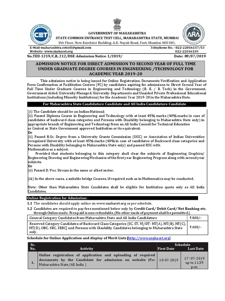 Admission Notice For Direct Admission To Second Year of Full Time Under ...
