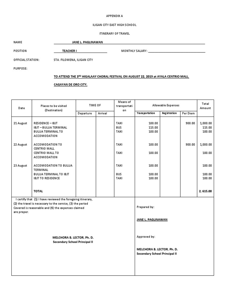 Iligan City Travel Itinerary for Festival | PDF | Per Diem | Doctoral ...