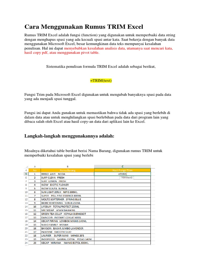 Cara Menggunakan Rumus TRIM Excel | PDF