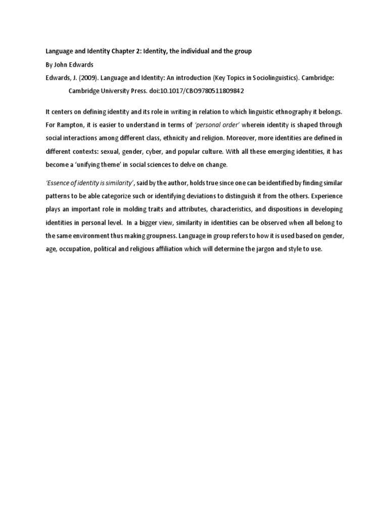 Language and Identity Chapter 2: Identity, The Individual and The Group ...