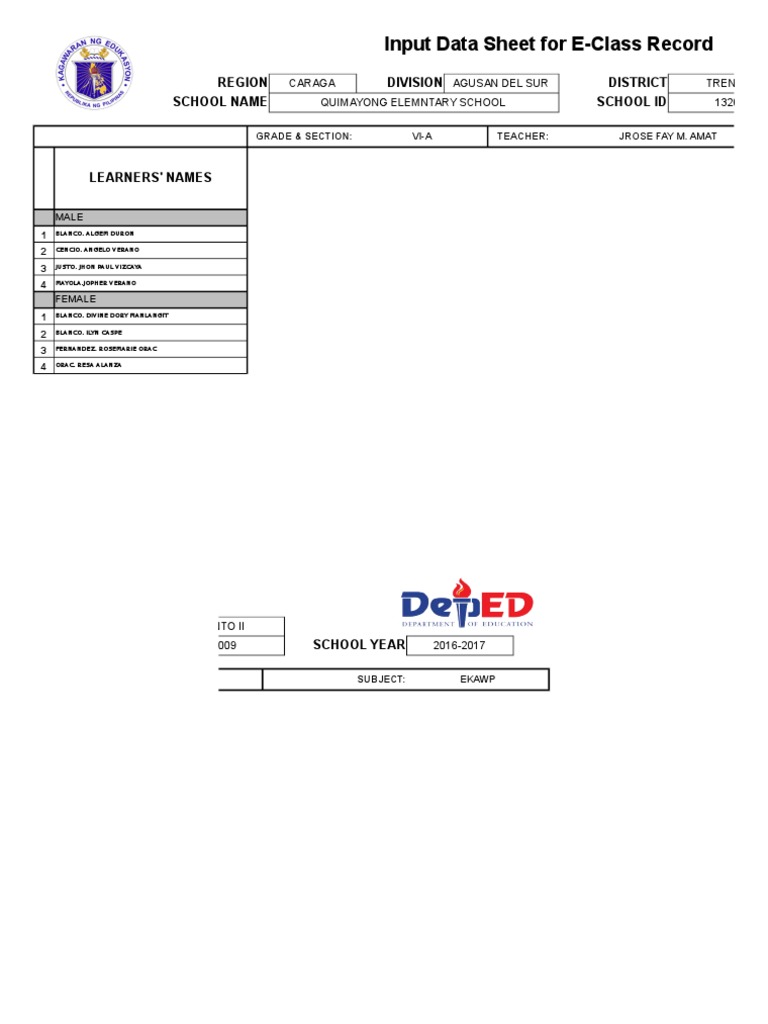 Input Data Sheet For E-Class Record: Region Division District School ...