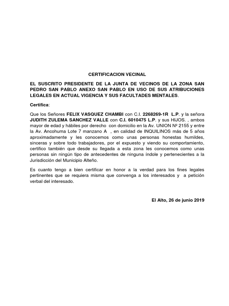 Certificacion Vecinal | PDF