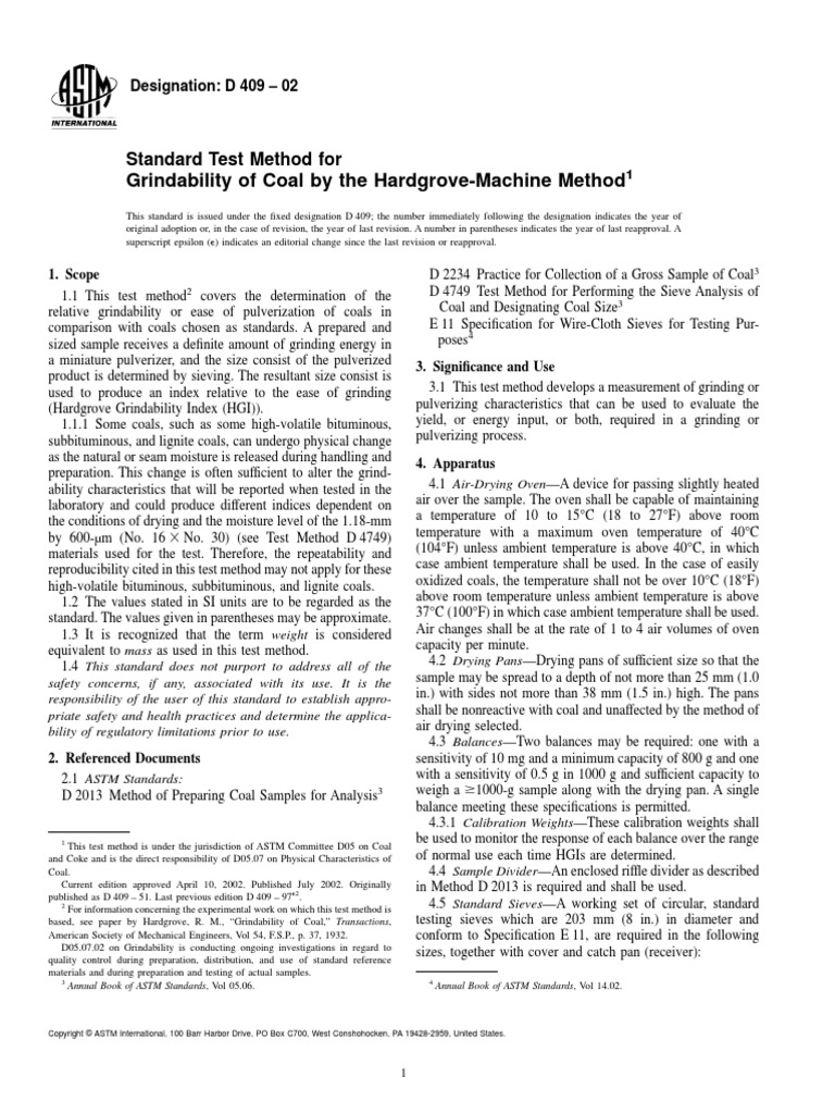 D409-Standard Test Method For Grindability of Coal by The Hardgrove ...
