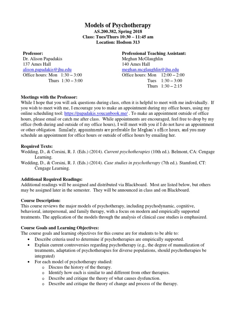 382 Models of Psychotherapy Syllabus Spring 2018 - 4-2-2018 | PDF ...
